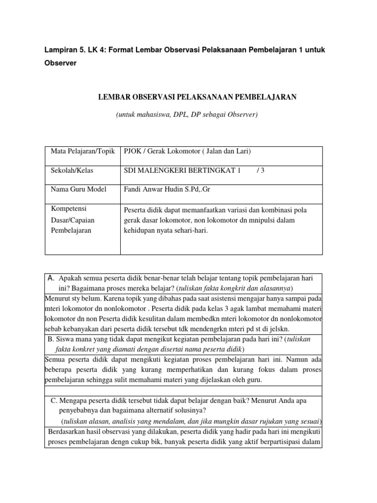 01.05.6-B3-4 Unggah LK 4 - Lembar Observasi Pembelajaran Pada Pembelajaran Ke-1 - Asriana | PDF ...