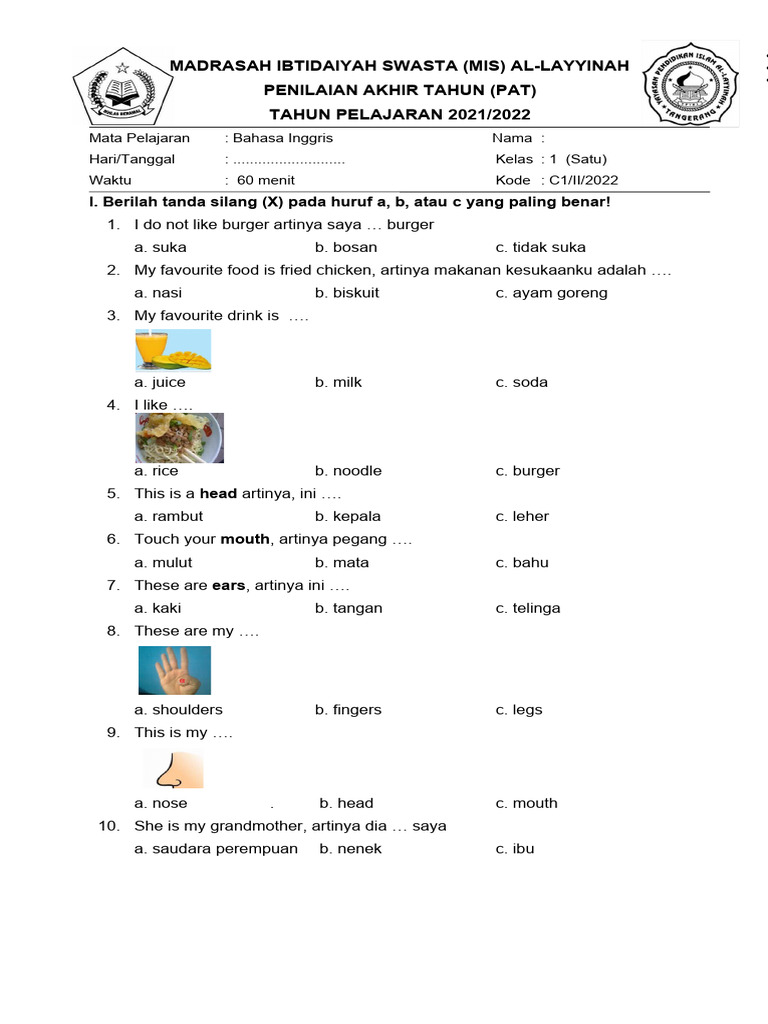 Soal PAT Bahasa Inggris Kelas 1 | PDF