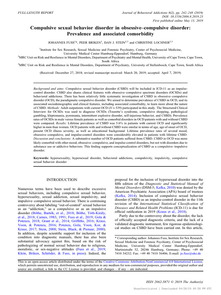 Compulsive Sexual Behavior Disorder in Obsessive-Compulsive Disorder: Prevalence and Associated ...