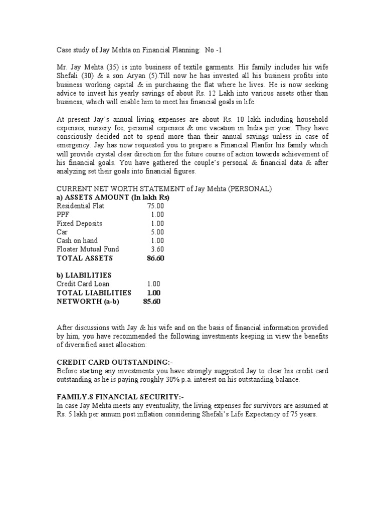 Case Study - 1 - Financial Planning | PDF | Asset Allocation | Investing