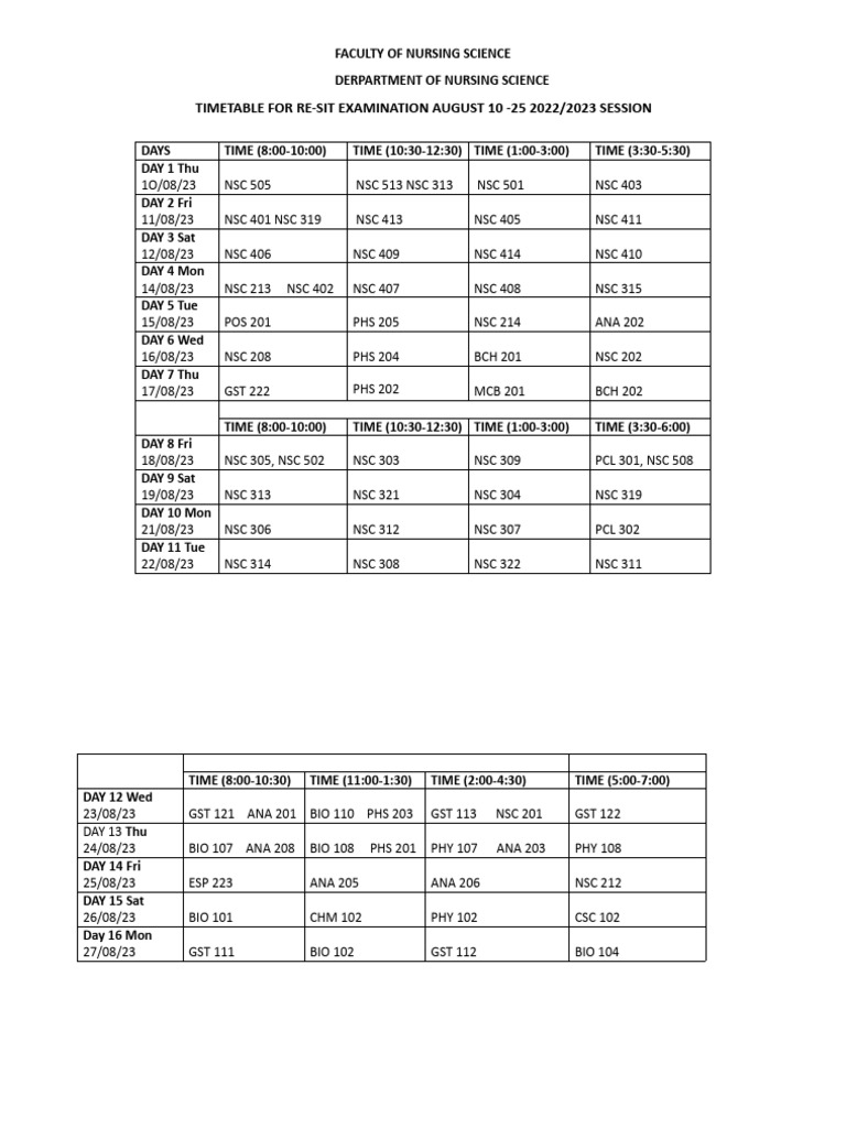 Nursing Re-Sit Exam Timetable 2023 | PDF
