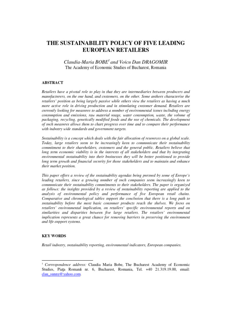 Bobe, Claudia-Maria and Dragomir, Voicu Dan (2010) - THE SUSTAINABILITY POLICY OF FIVE LEADING ...