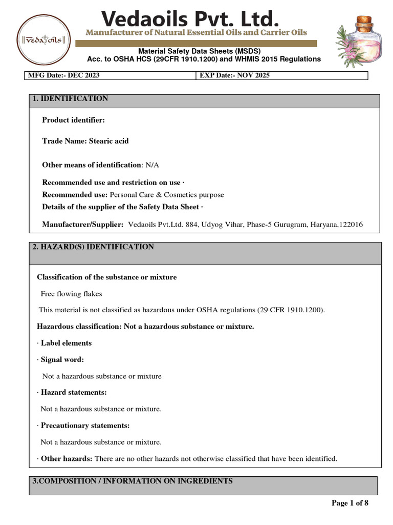 Stearic Acid MSDS Compressed | PDF | Toxicity | Dangerous Goods