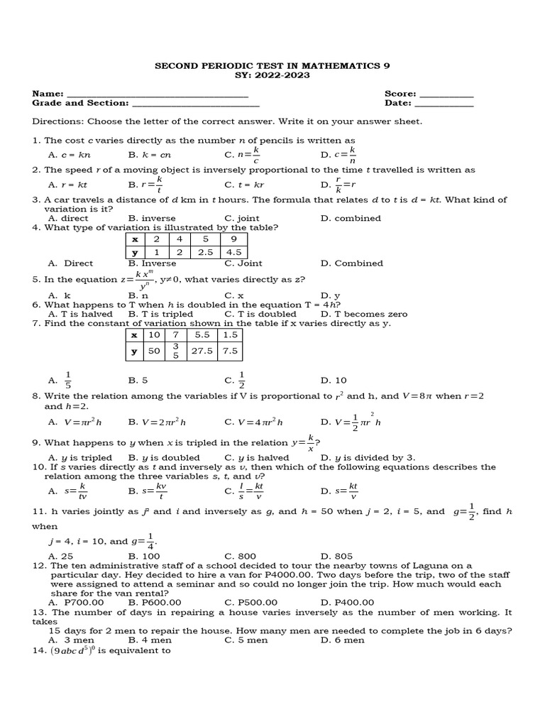 Q2 Math 9 Periodic Test | PDF | Equations | Square Root