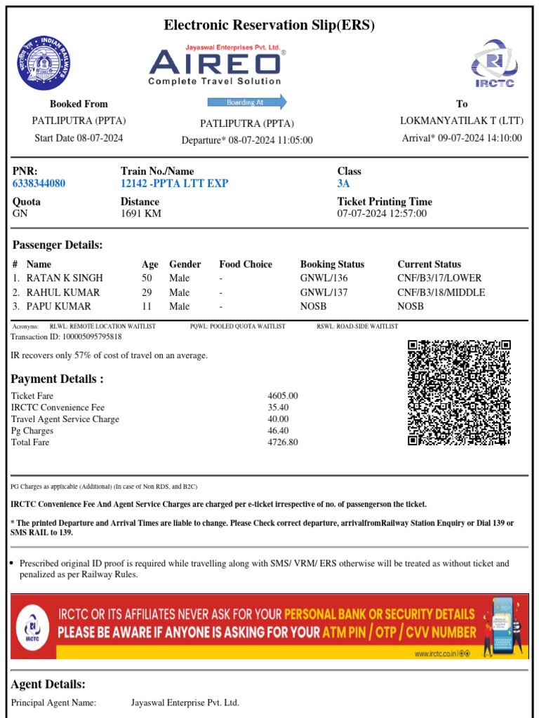 Electronic Reservation Slip (ERS) : PNR: Train No./Name Class | PDF ...