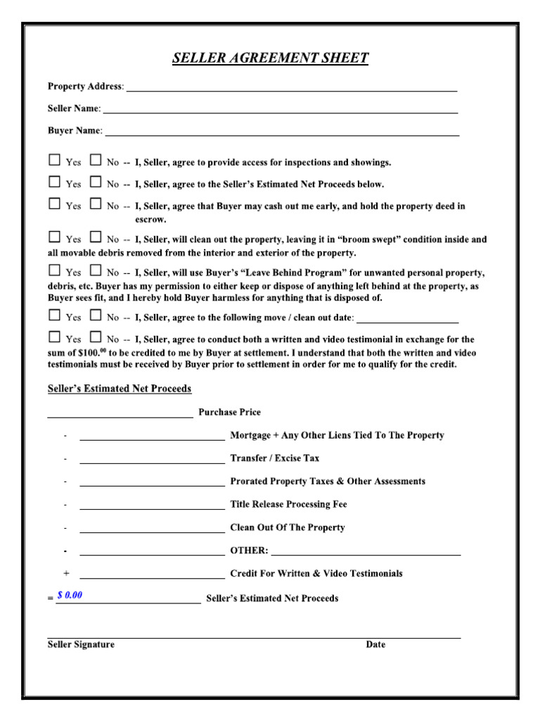 Seller Agreement Sheet and Est. Net Proceeds Editable PDF | PDF