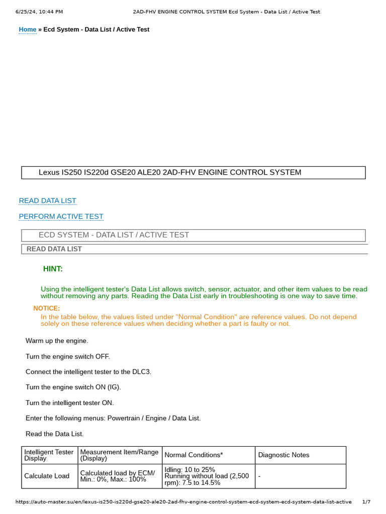 2ad-Fhv Engine Control System Ecd System - Data List - Active Test ...