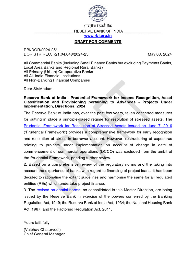 Draft For Comments: Prudential Framework For Resolution of Stressed ...