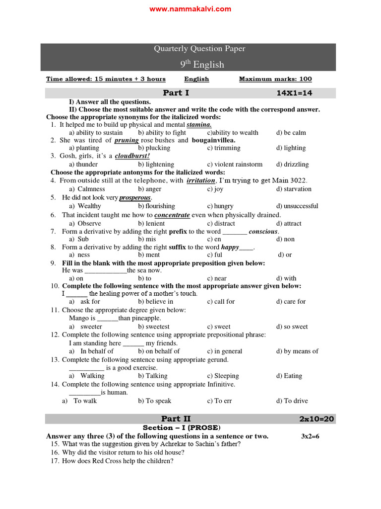 9th STD Quarterly Question Paper. | PDF | Grammar | Syntax