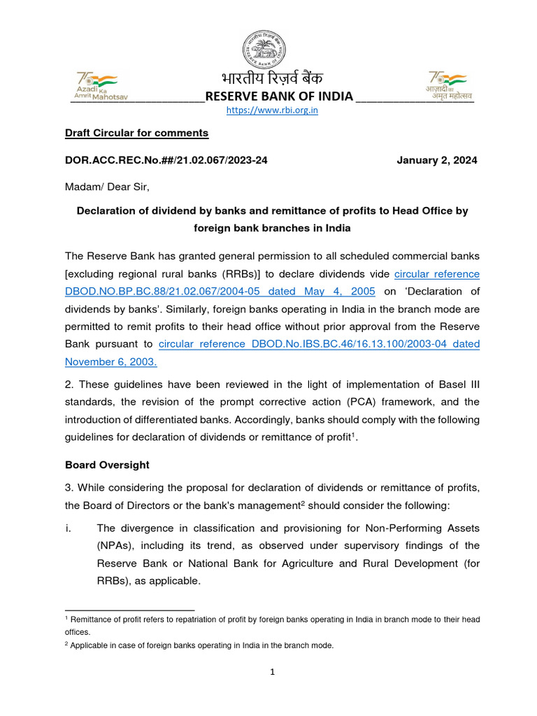 Draft Circular On Declaration of Dividend Approved by DG (MRR) - 1 ...
