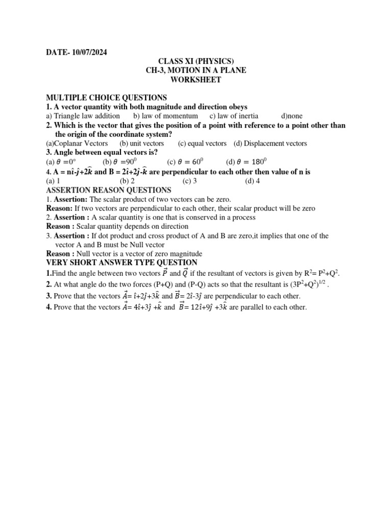 10-07-2024 Class Xi Physics CH-3 Worksheet | PDF