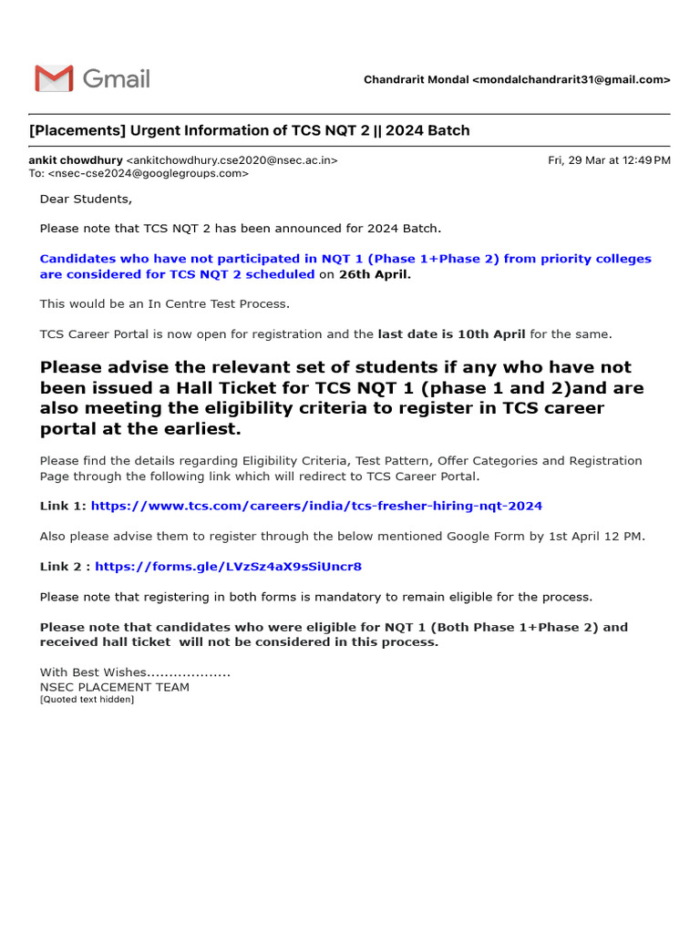 TCS NQT 2 Registration for 2024 Batch | PDF | Technology & Engineering
