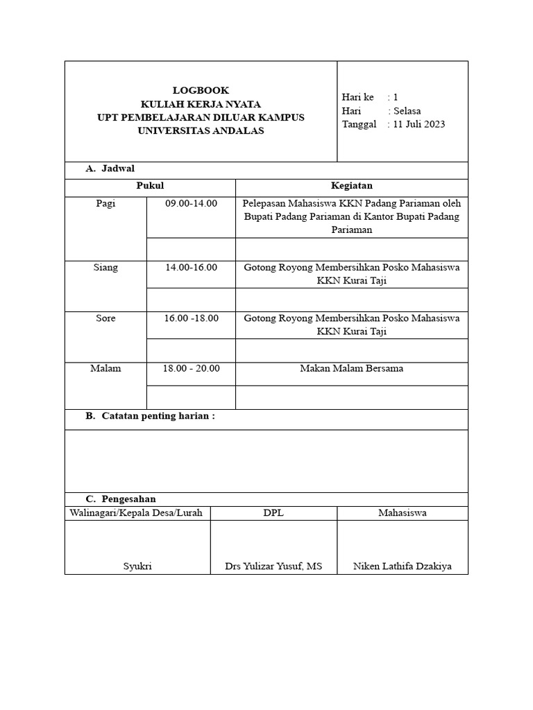 Logbook KKN Universitas Andalas 2023 | PDF