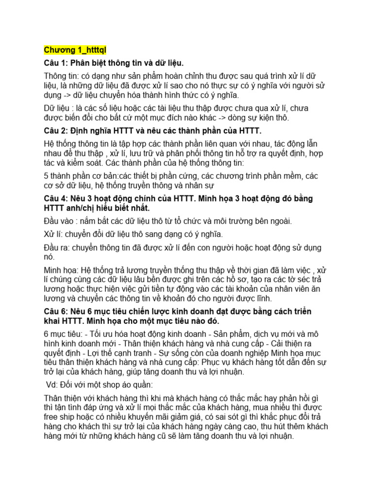 Ôn tập các câu hỏi tl HTTTQL | PDF
