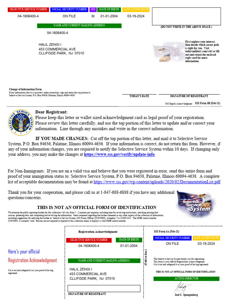 RegAck 0416064004 | PDF | Selective Service System
