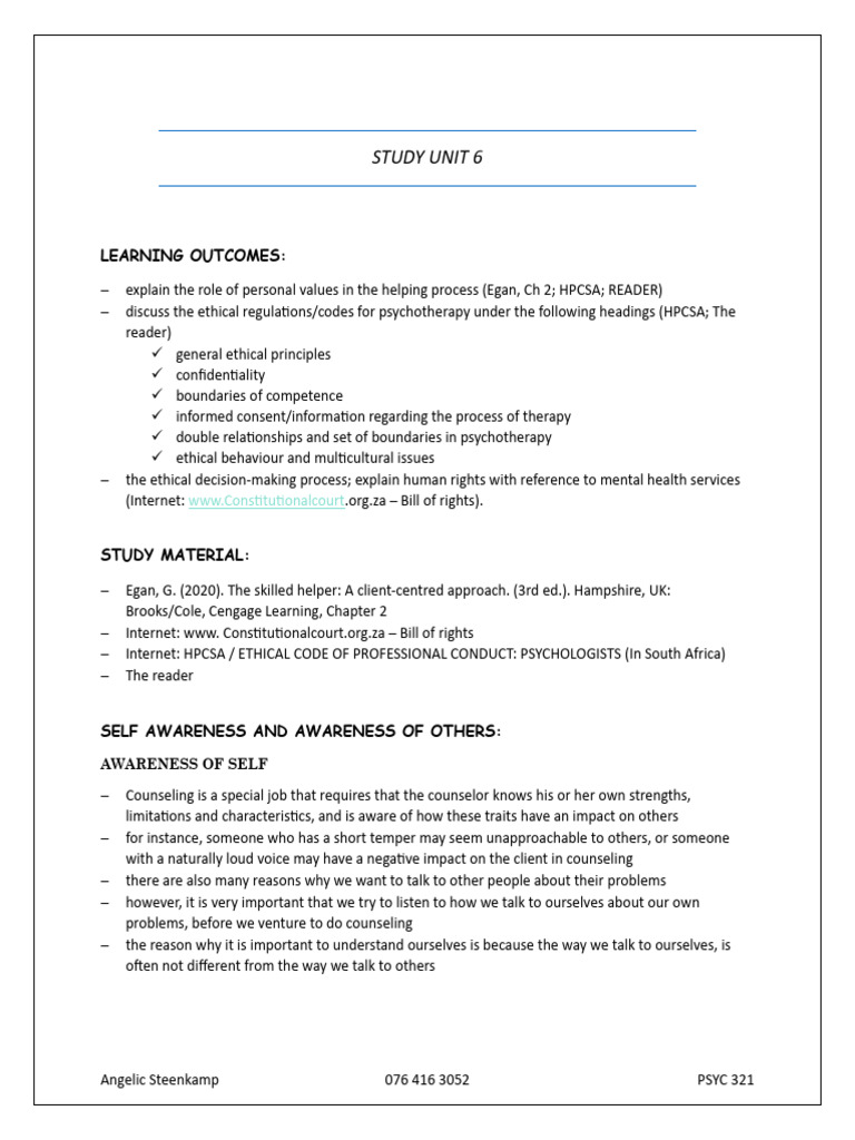 Study Unit 6 Psyc 321 | PDF | Counseling Psychology | Confidentiality