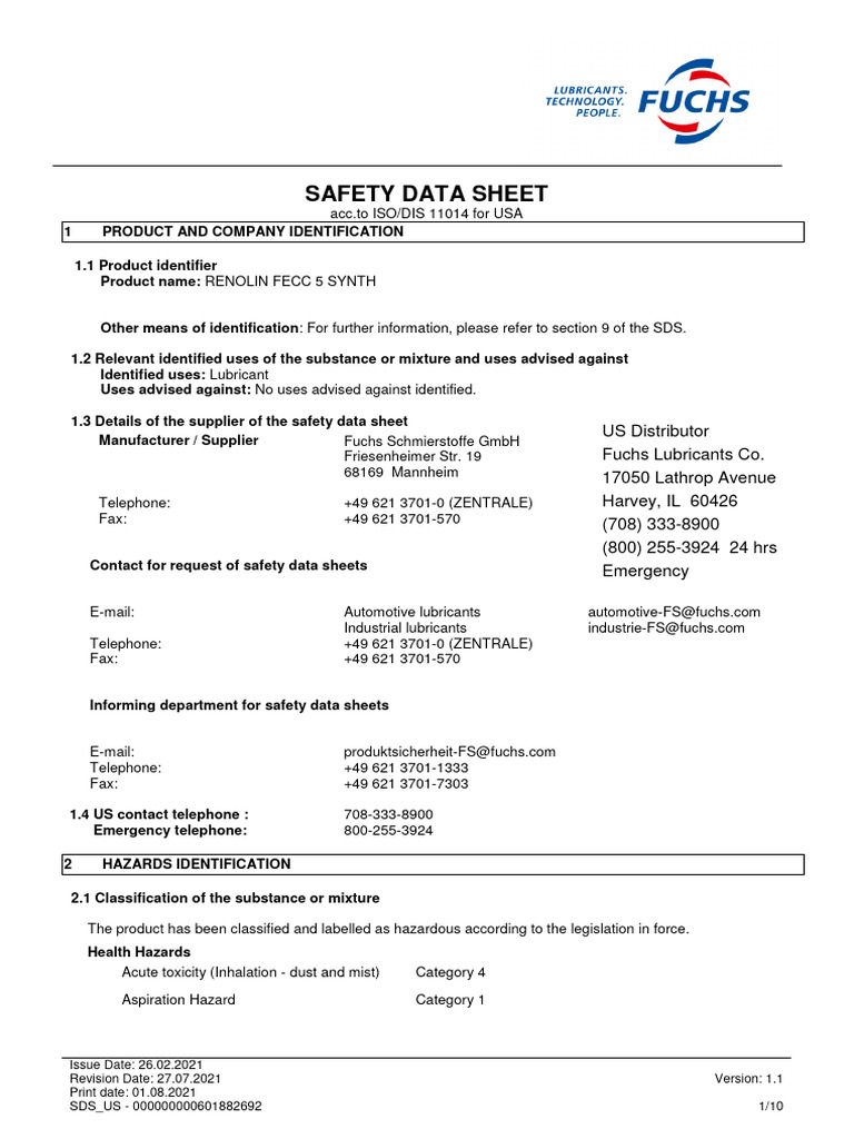 Fuchs Lubricants Company - RENOLIN FECC 5 SYNTH | PDF | Toxicity | Water
