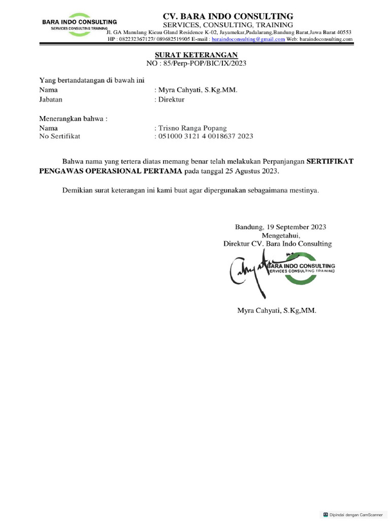 Surat Keterangan Perpanjangan Sertifikat Pop Trisno Ranga Popang Pdf