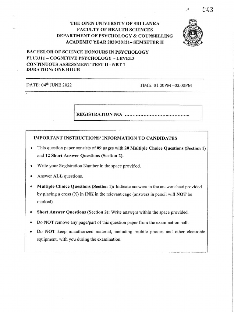Cognitive Psychology Past Paper | PDF
