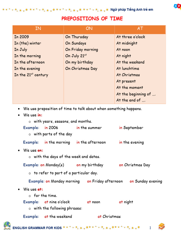 Grammar 1 - Prepositon of TIME Worksheet | PDF | Language Arts & Discipline