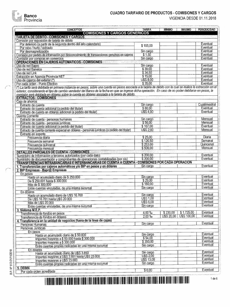 Cuadro Tarifario de Productos | PDF