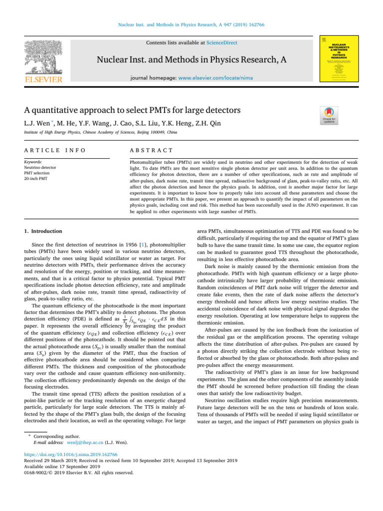 A Quantitative Approach To Select PMTs For Large Detectors | PDF | Neutrino | Neutron