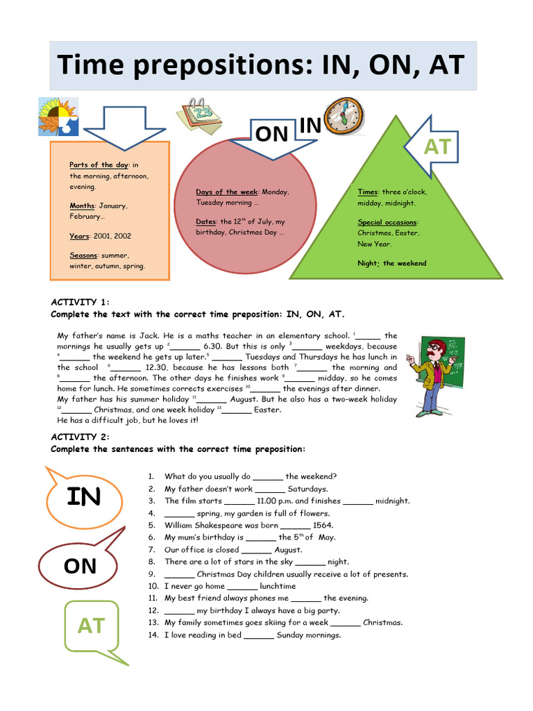Time Prepositions Practice Activities | PDF | Workweek And Weekend | Lunch