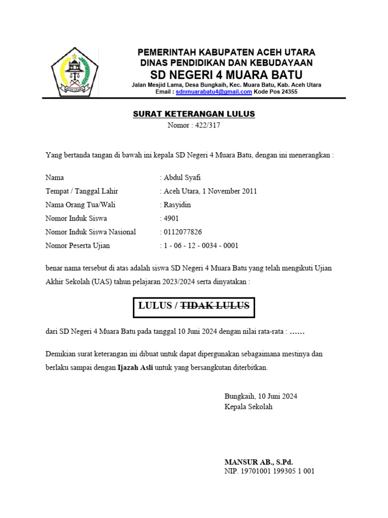 Surat Keterangan Lulus SD 2024 Aceh Utara | PDF