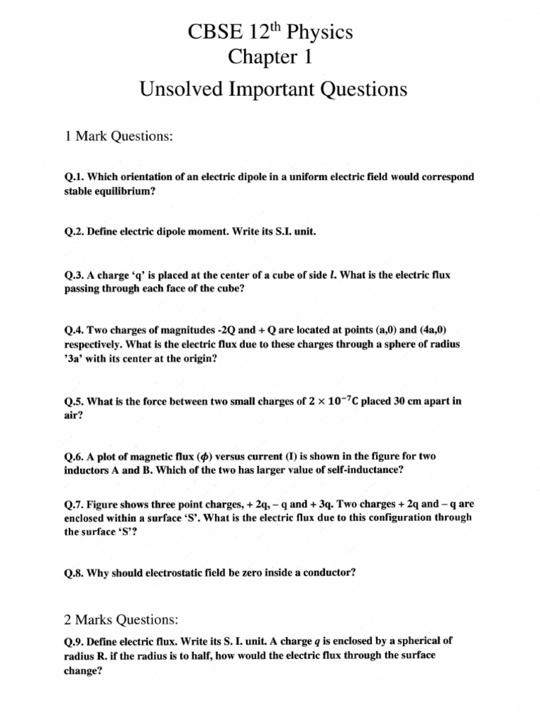Physics Class 12 Chapter 1 Worksheet HHW | PDF | Electric Field | Flux