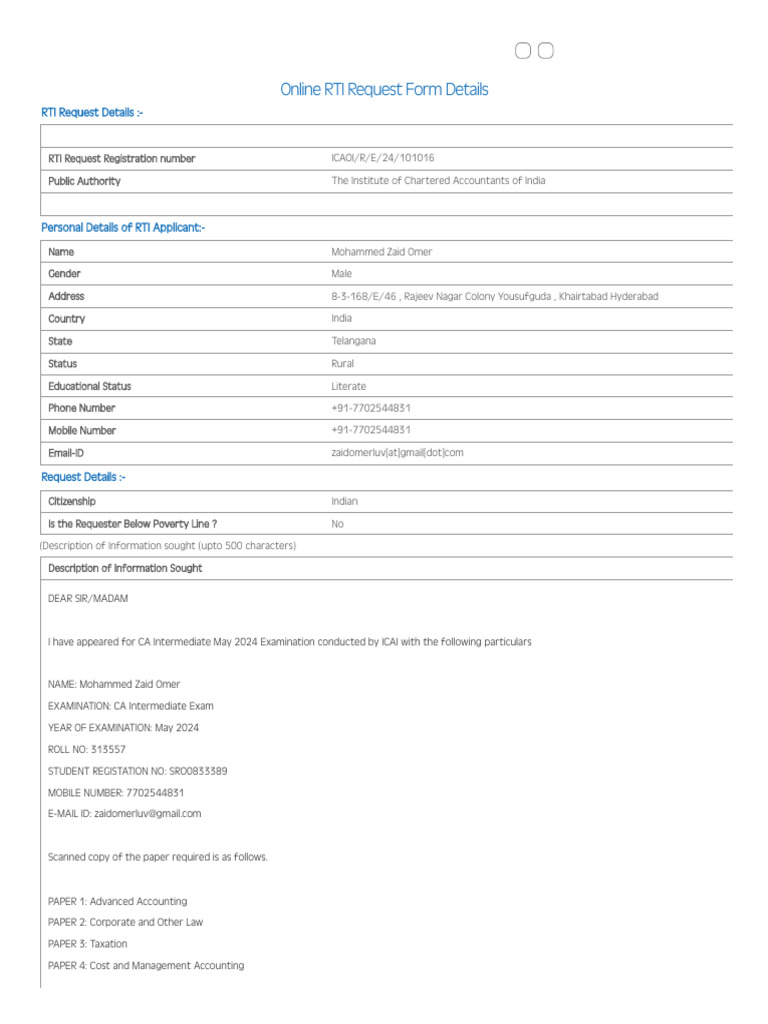 CA Inter RTI Application | PDF