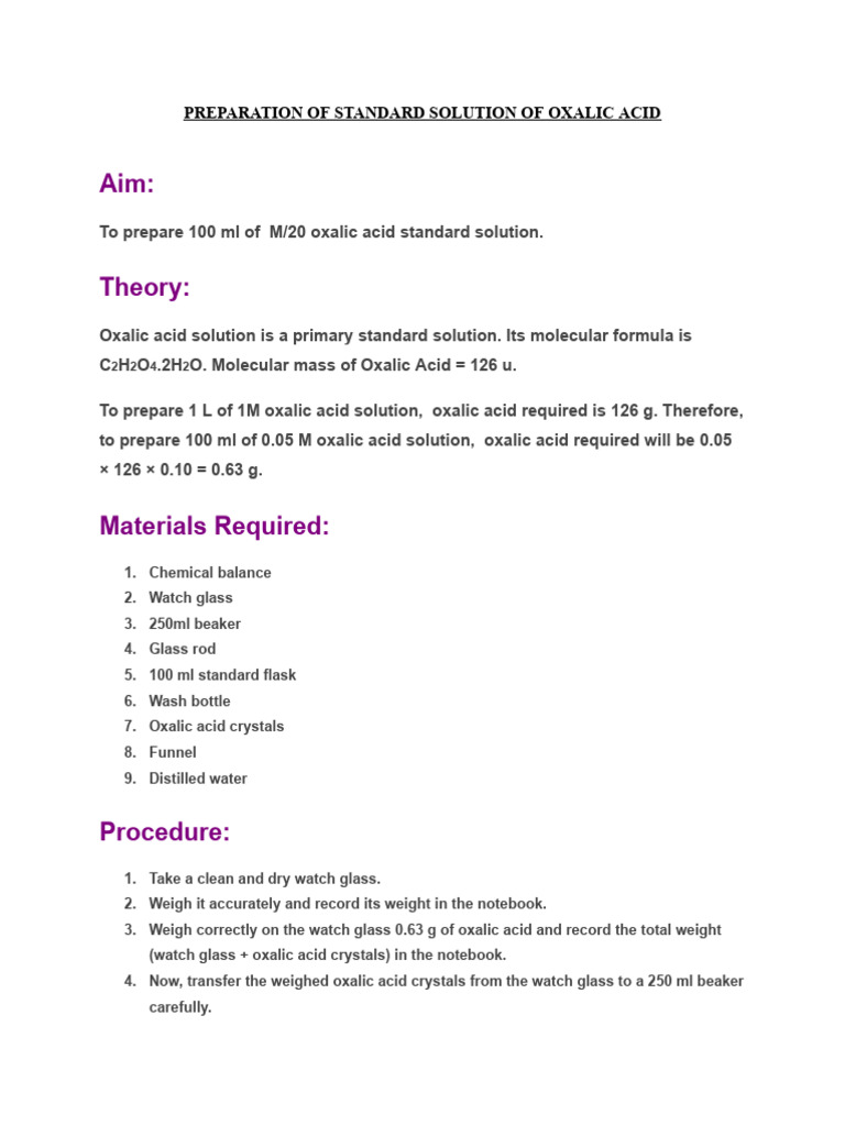 Standard Solution of Oxalic Acid | PDF