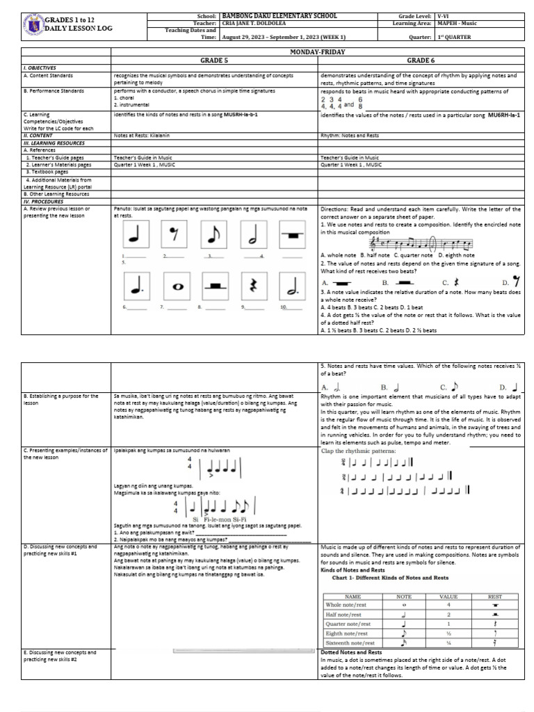 Q1 Multi DLL Mapeh Week 1 | PDF | Rhythm | Musical Compositions