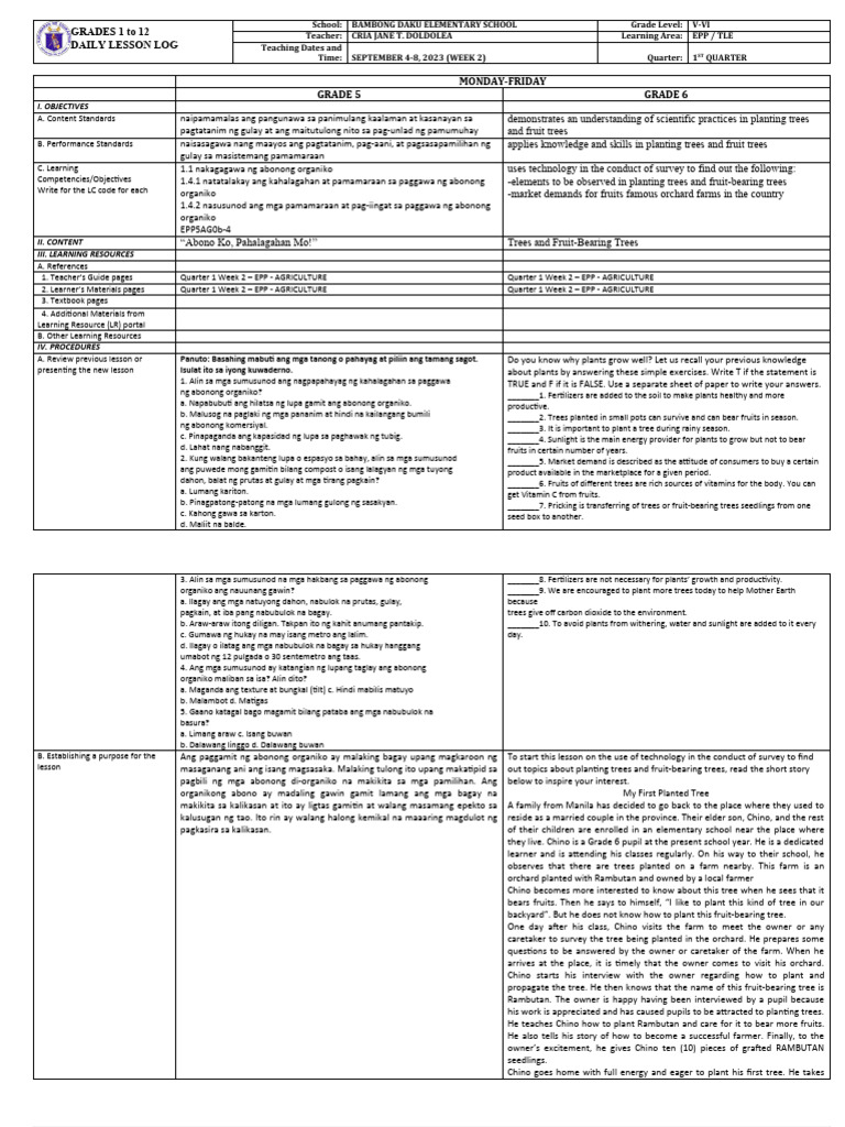 Grade 5-6 EPP/TLE Lesson Plan | PDF | Seed | Compost