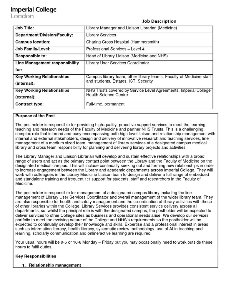 Library Manager And Liaison Librarian Job Description Pdf Libraries 
