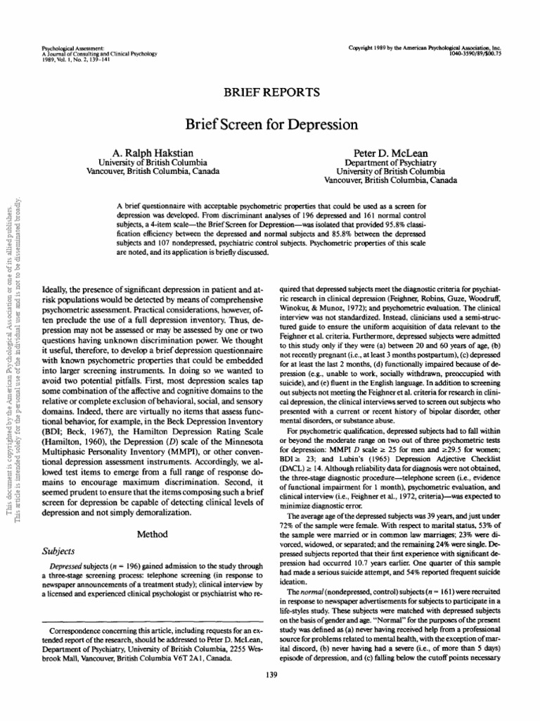 Brief Screen For Depression | PDF | Mental Disorder | Psychiatry