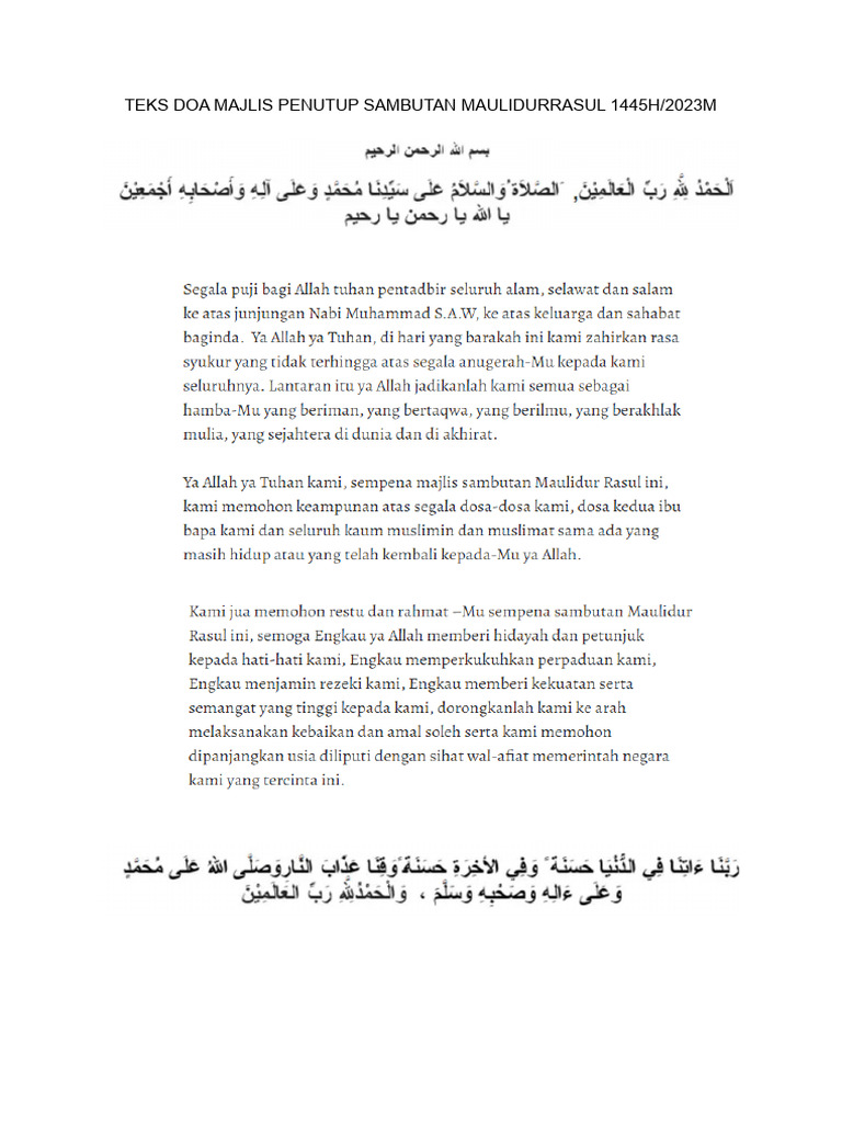 Teks Doa Majlis Penutup Sambutan Maulidurrasul 1445H | PDF