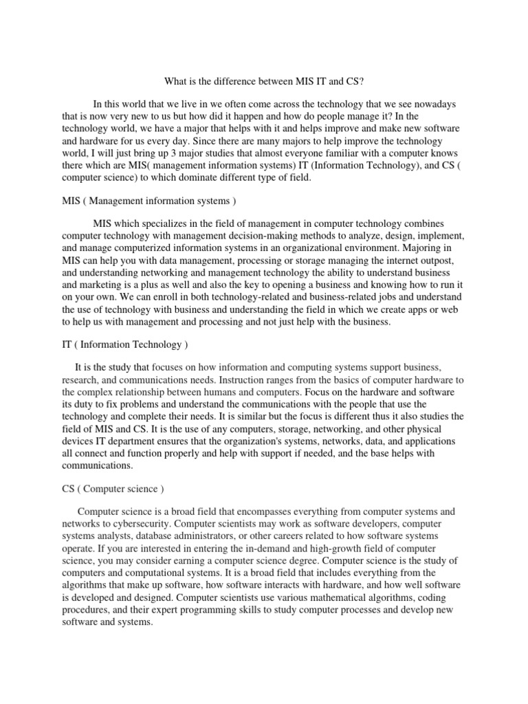 What The Different Between MIS IT and CS | PDF | Management Information ...
