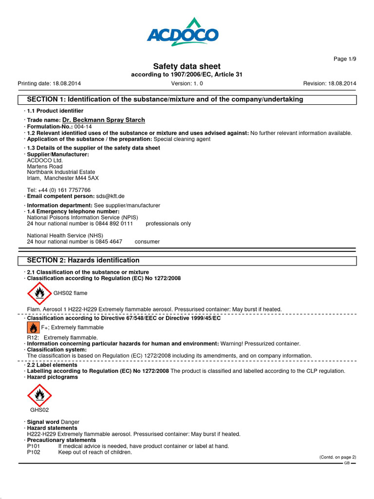 Safety Data Sheet: SECTION 1: Identification of The Substance/mixture ...