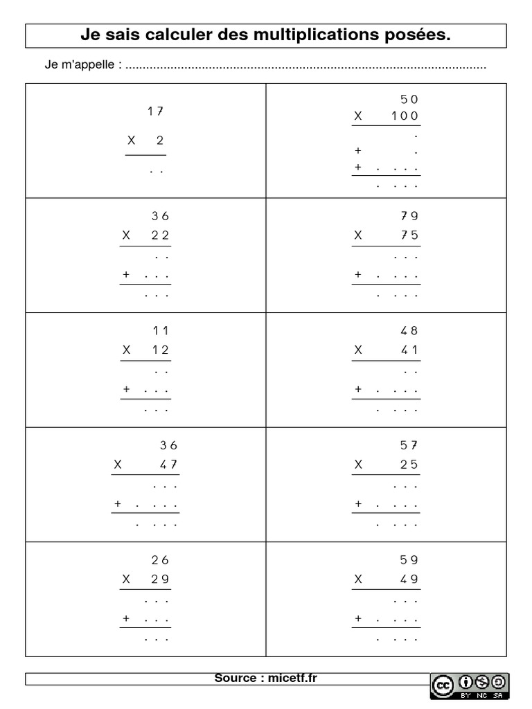 Multiplications posées : exercices et corrections | PDF | Échecs