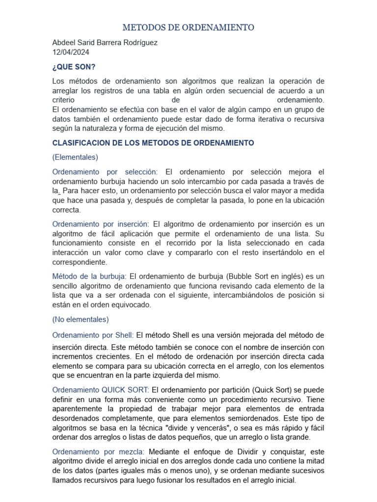 Metodos De Ordenamiento Pdf Informática Ciencias De La Computación
