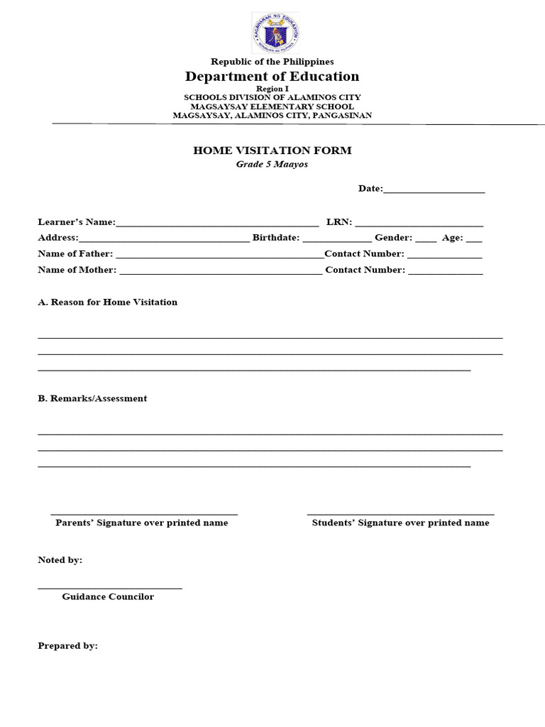 Home Visitation Form for Grade 5 Students | PDF