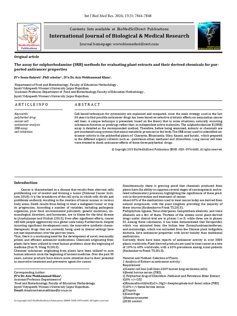 The Assay For Sulphorhodamine (SRB) Methods For Evaluating Plant ...