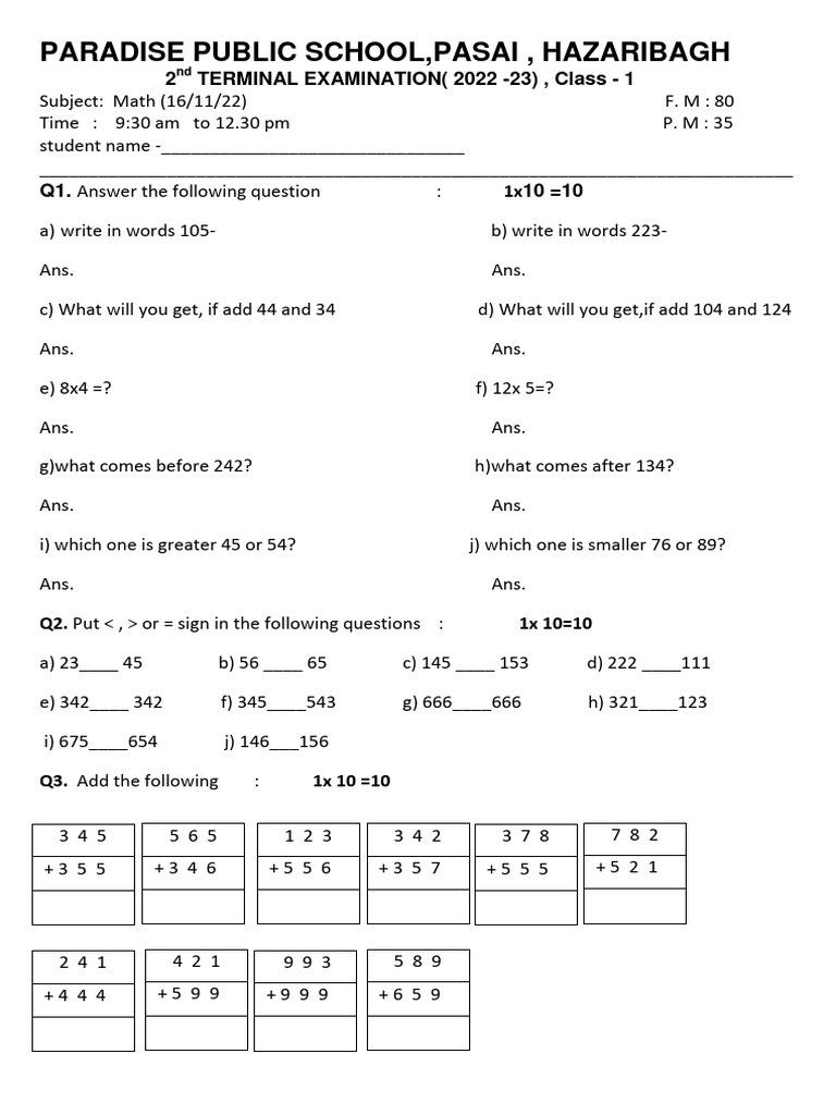 2nd Term Class 1 Math | PDF