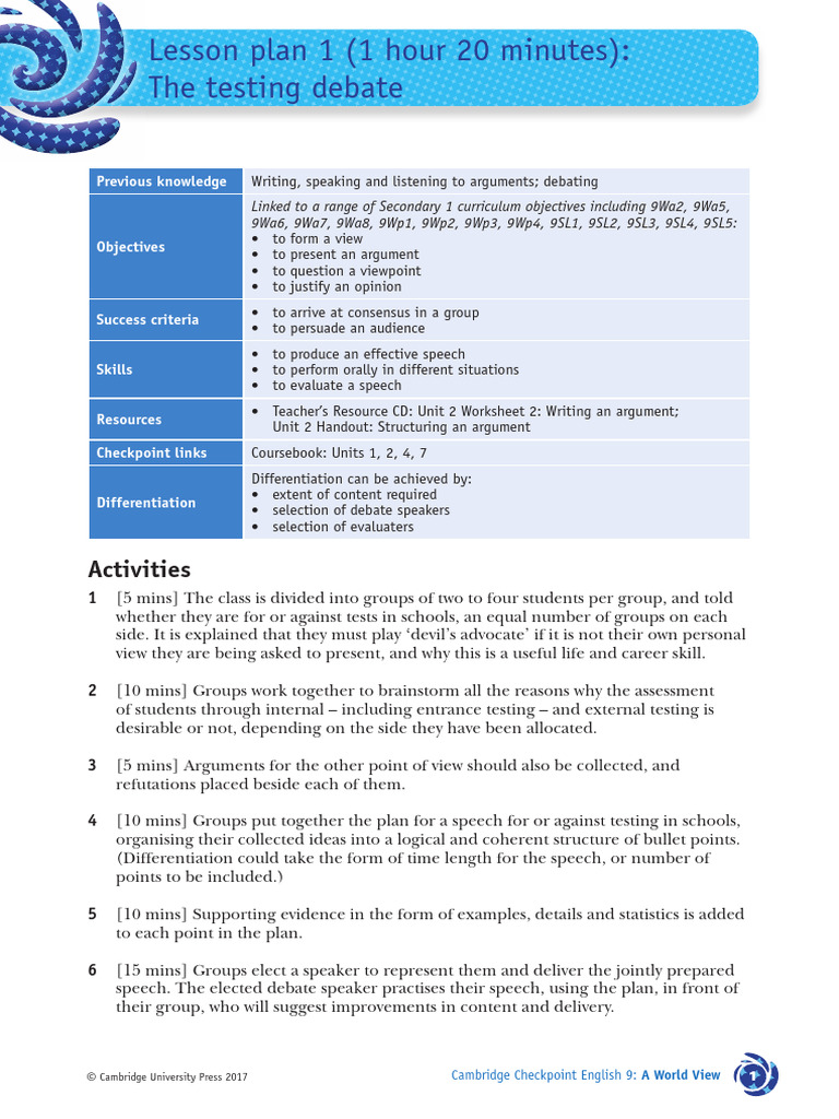 Debate Lesson Plan: School Testing | PDF | Lesson Plan | Argument