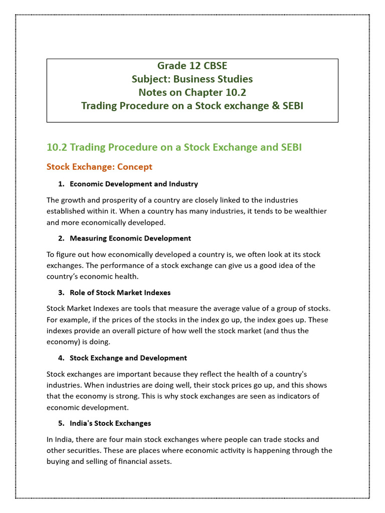 Notes On Chapter 10.2 Trading Procedure On A Stock Exchange & SEBI ...