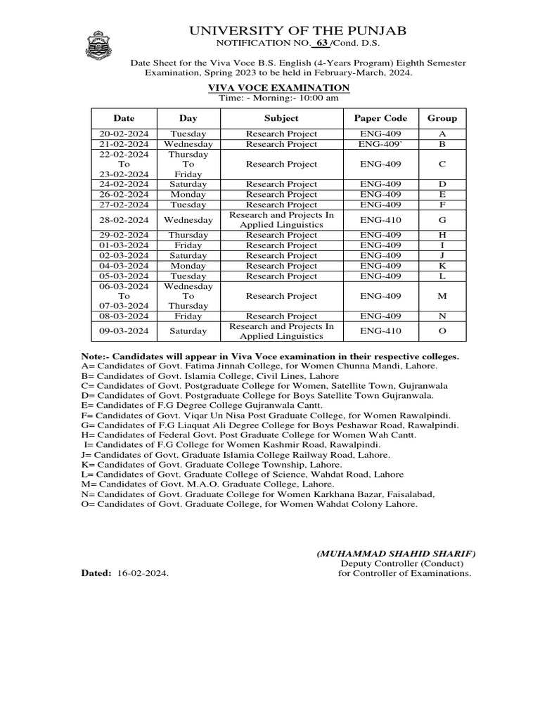 Date Sheet For The Viva Voce BS English 4 Years Program Eighth ...