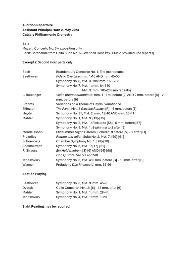 Calgary Phil Horn Audition Repertoire | PDF