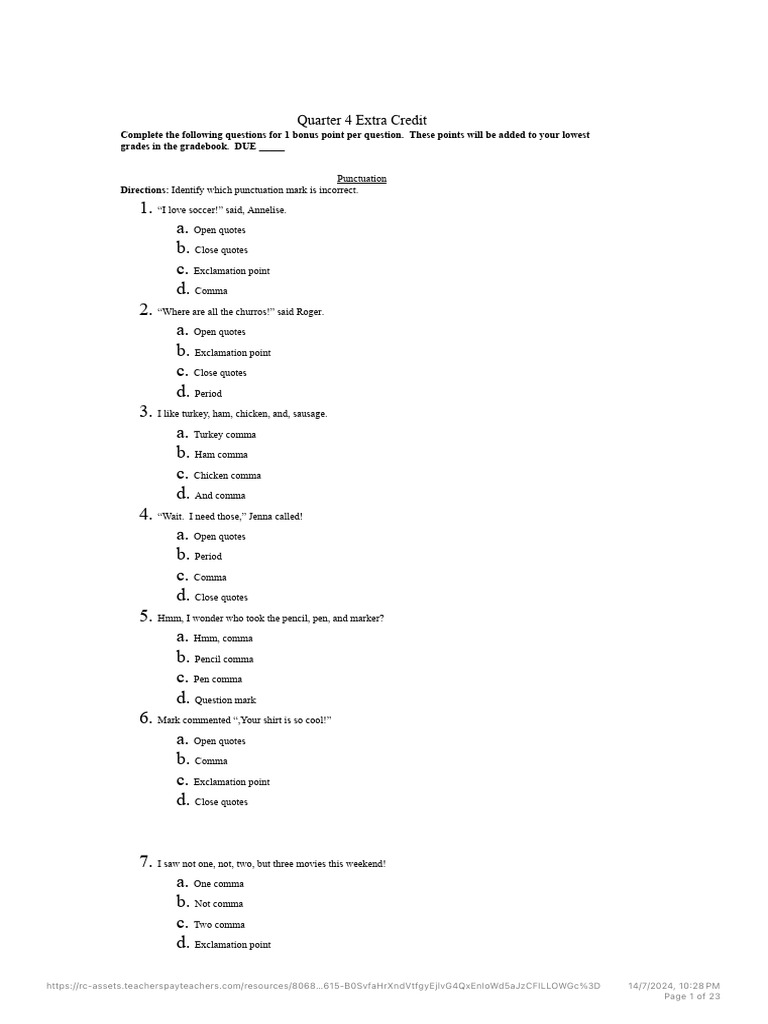 Q4 Extra Credit: Punctuation & Vocabulary | PDF | Punctuation | Salad