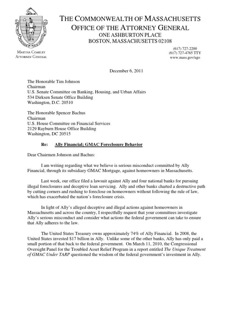 2011-12-06 Coakley Letter To Bachus-Johnson Re Ally | PDF | Foreclosure ...