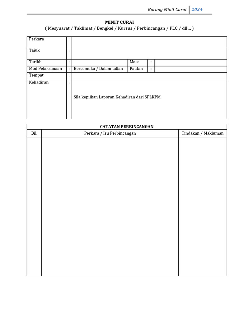 Templet Borang Minit Curai 2024.docx (LDP PBPPP) | PDF